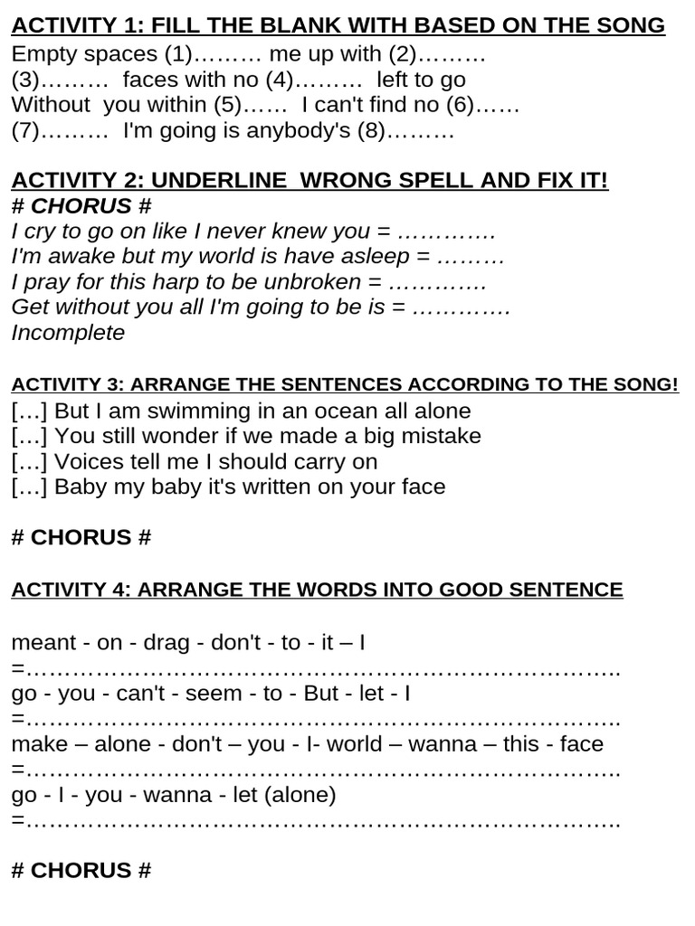 Song Lyrics Activity Worksheet | PDF