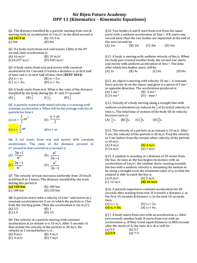 DPP 11 - Kinematics (Kinematic Equations) | PDF | Acceleration | Velocity
