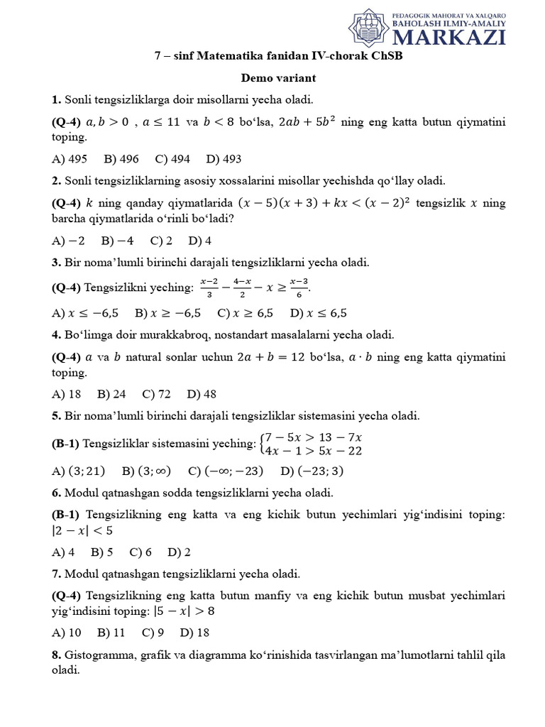 7 Sinf Algebra Va Geometriya Ixtisos IV Chorak CHSB 4 DEMO Variant | PDF