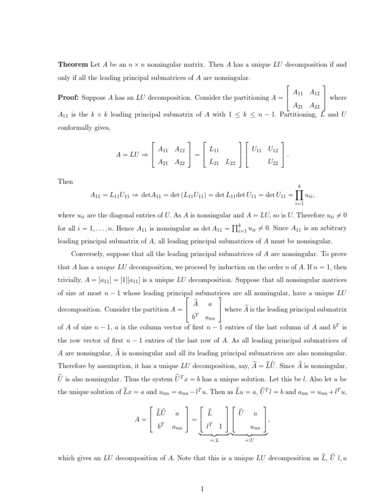 Unique LU Decomposition Theorem | PDF | Matrix (Mathematics ...