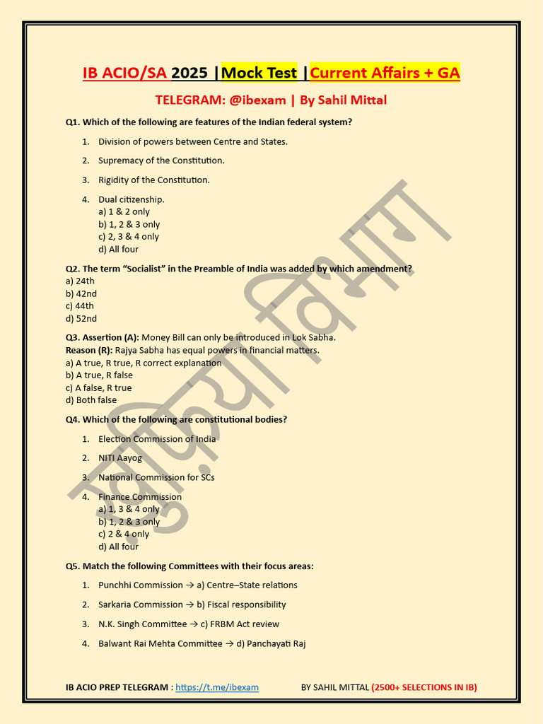 IB ACIO 2025 Current Affairs Mock Test | PDF
