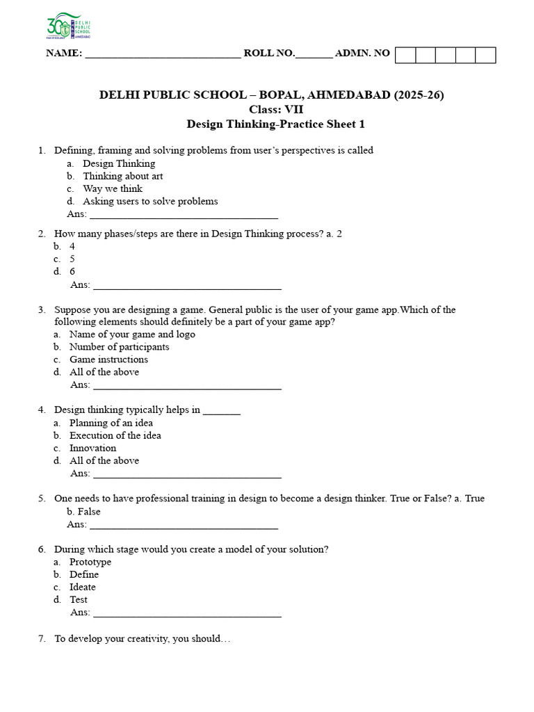 Design Thinking Practice Sheet for Class VII | PDF