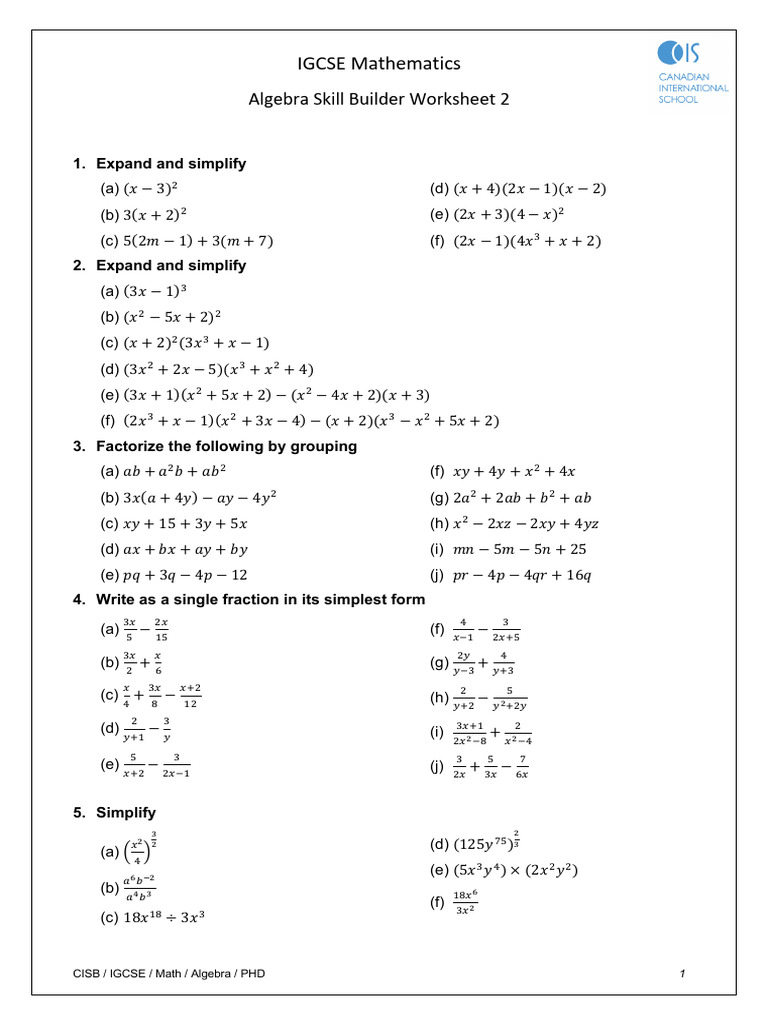 Algebraic Expressions and Equations - Skill Builder Worksheet | PDF ...