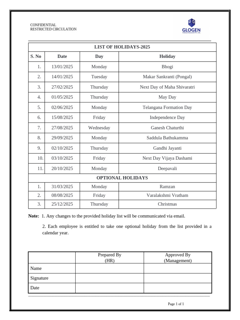2025 Holiday Schedule List | PDF