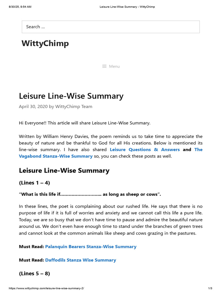 Line-by-Line Summary of "Leisure" | PDF