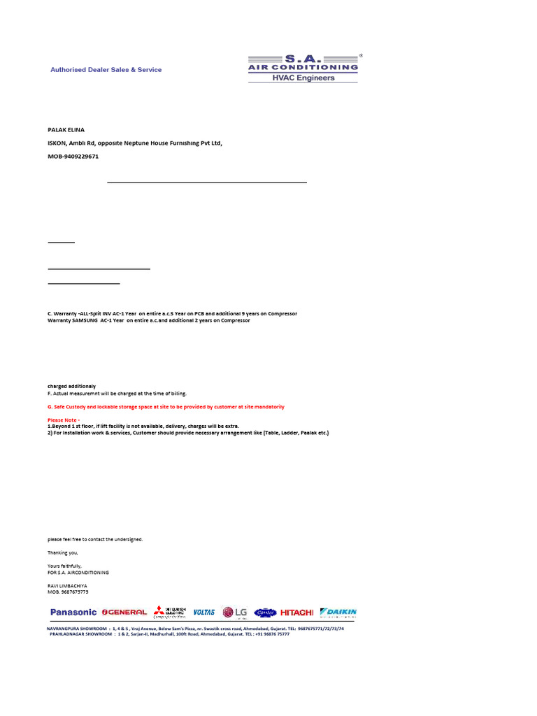 Palak Elina Mitsubishi Split and Samsung 1 Way Cassette Ac Quotation 27.08.2025 | PDF | Building ...