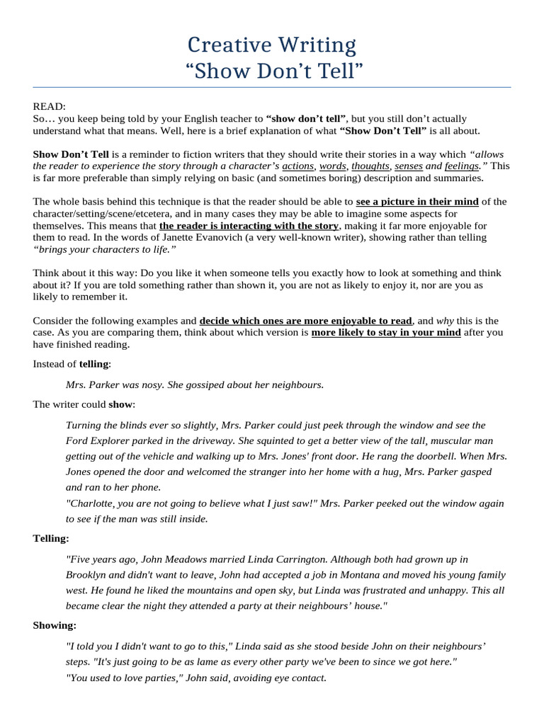Show Don't Tell - Creative Writing Activities | PDF | Adverb | Adjective