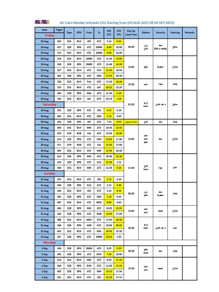 Air Cairo Weekly Schedule (35) Starting From (29-AUG-2025 Till 04-SEP ...