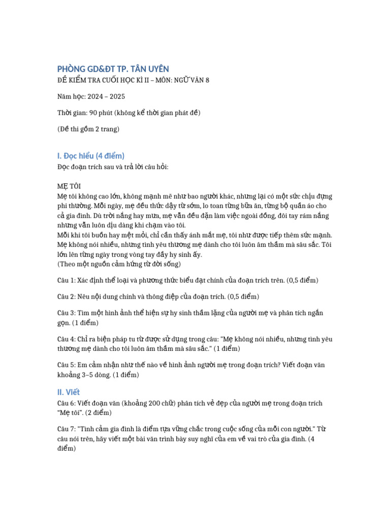 De Thi Ngu Van 8 HKII Moi | PDF