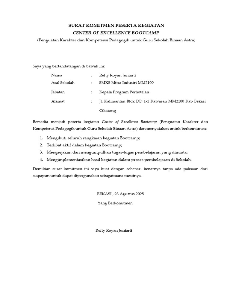 Surat Komitmen Retno Setyorini | PDF