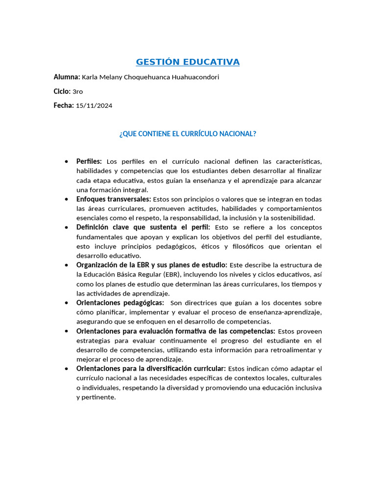 Gestion Educativa Karla Melany Choquehuanca Huahuaccondori | PDF