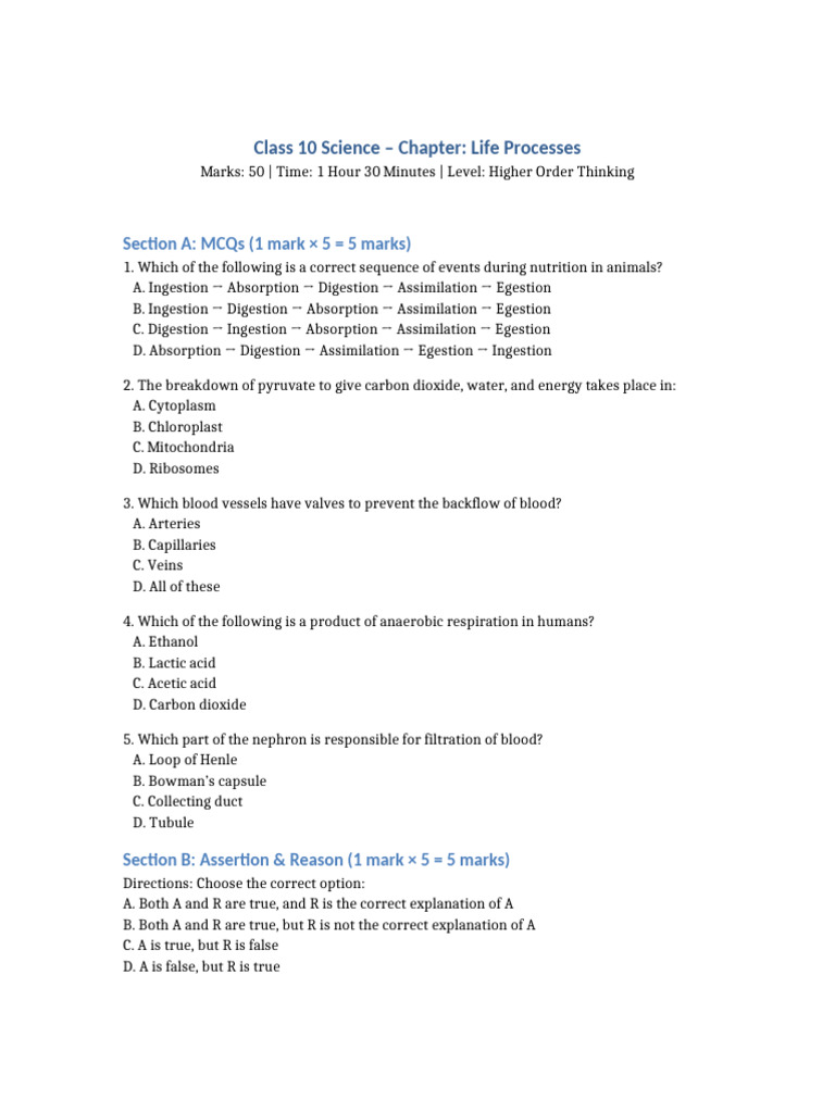 Life Processes Class10 50 Marks QuestionPaper | PDF | Organ (Anatomy) | Physiology