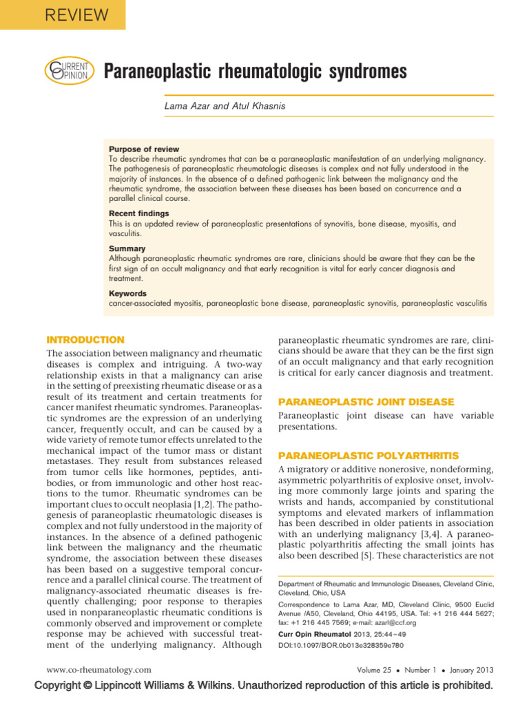 Paraneoplastic Rheumatologic Syndromes.10 | PDF | Cancer | Rheumatoid ...