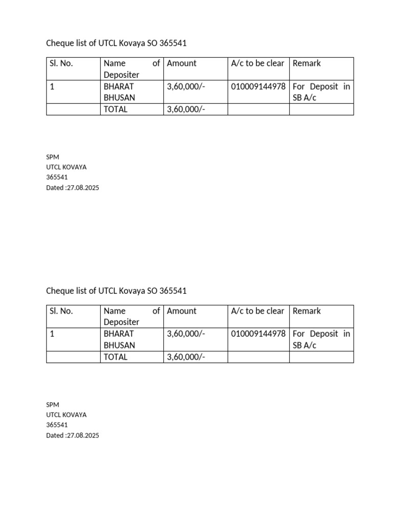 UTCL Kovaya Cheque List 365541 | PDF