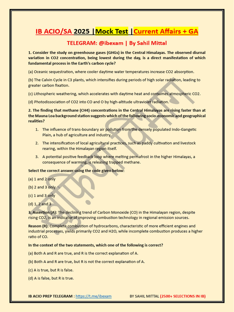 IB ACIO 2025 Mock Test: Current Affairs | PDF | Greenhouse Gas ...