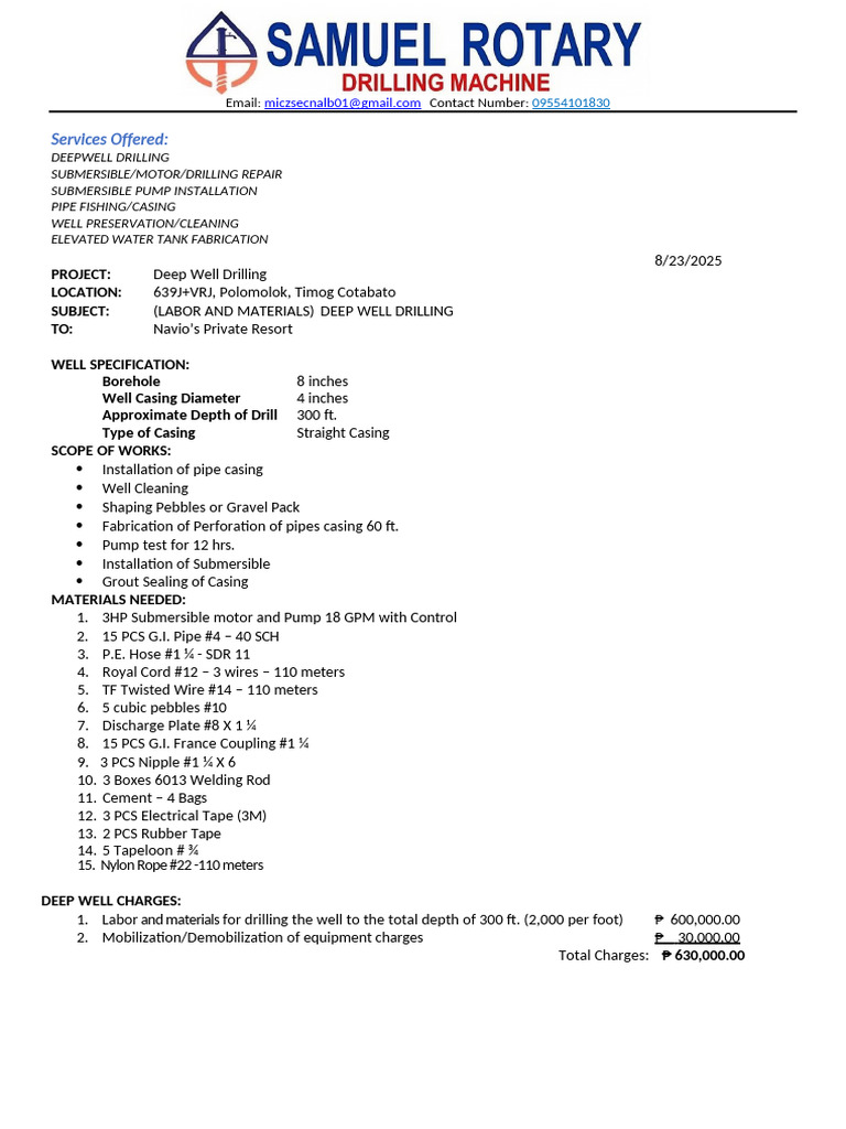 Deep Well Drilling Proposal for Navio’s Resort | PDF