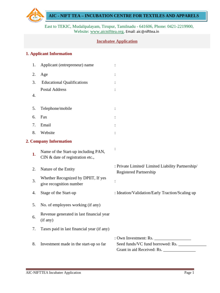 AIC-NIFT Tea Incubatee Application Form | PDF | Startup Company | Small ...