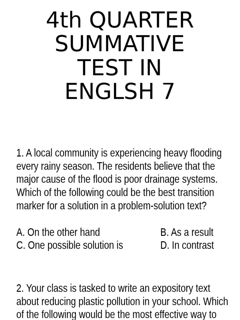 English 7 Problem-Solution Test Guide | PDF | Essays | Flood