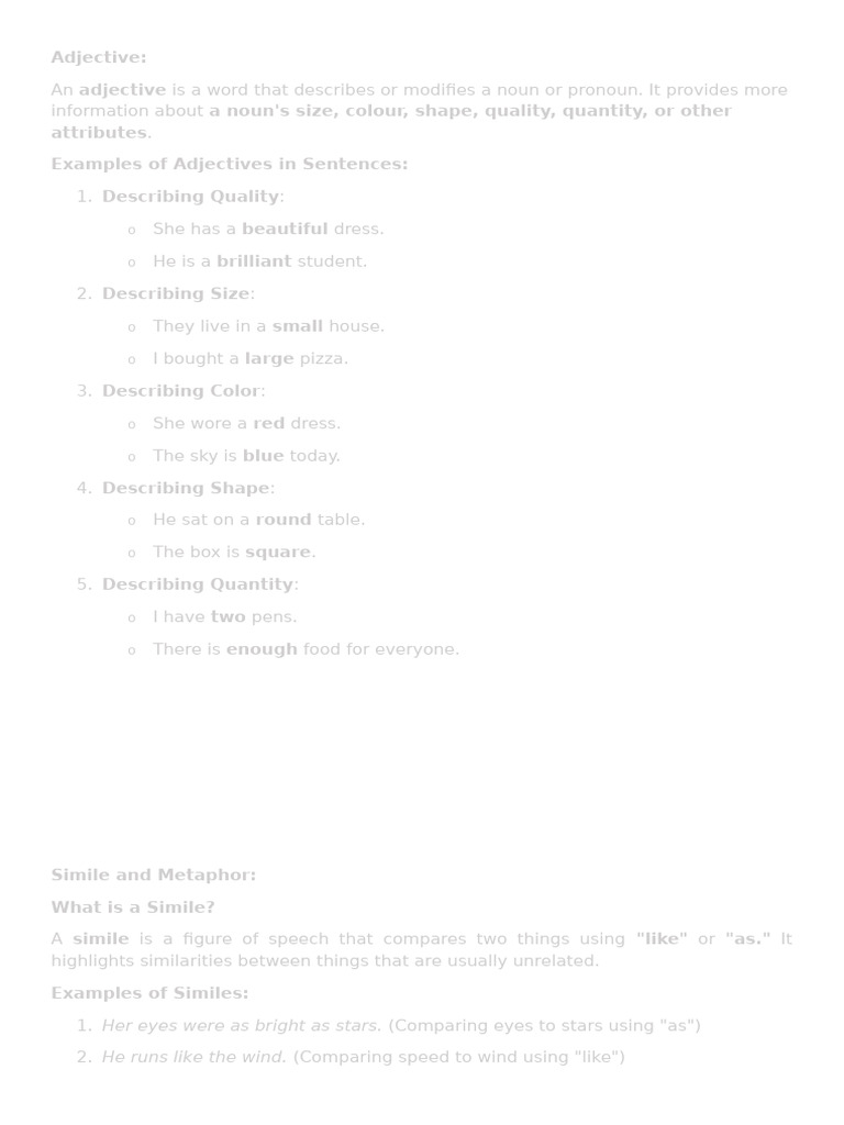 Adjective, Gender, Simile and Metaphor, Hyperbole and Personification ...