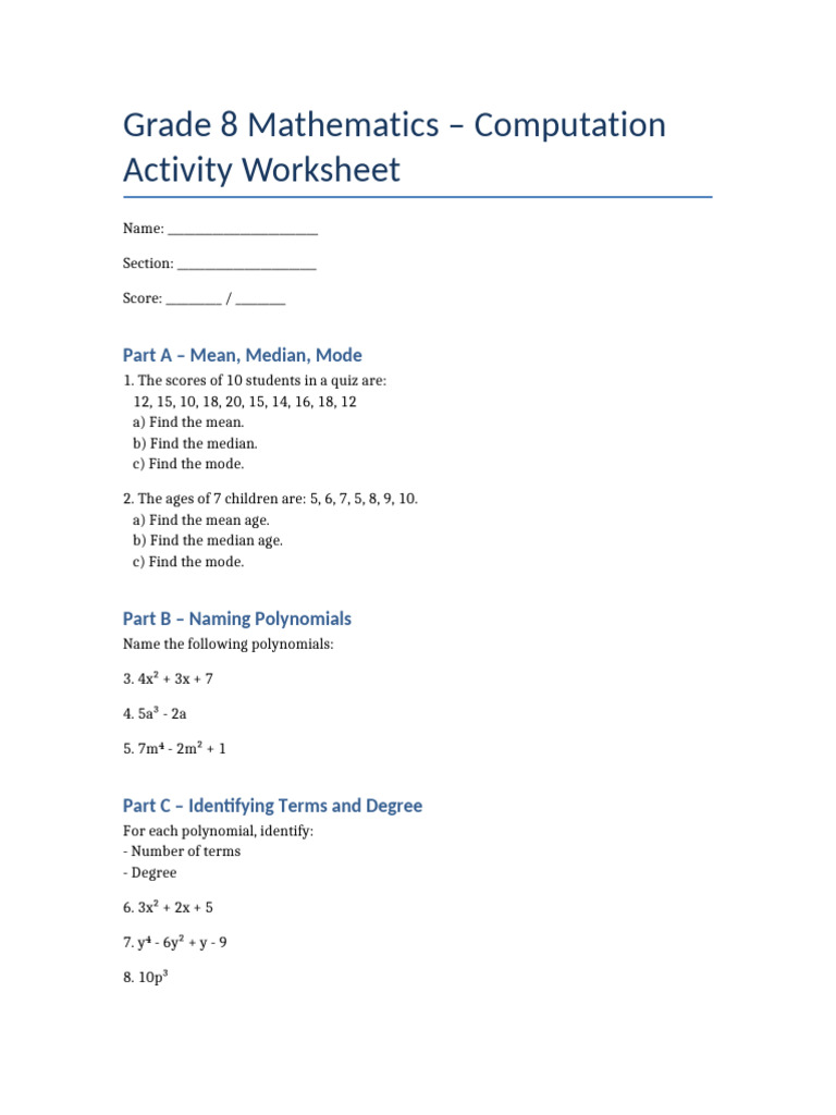 Grade 8 Math Worksheet: Mean, Polynomials | PDF