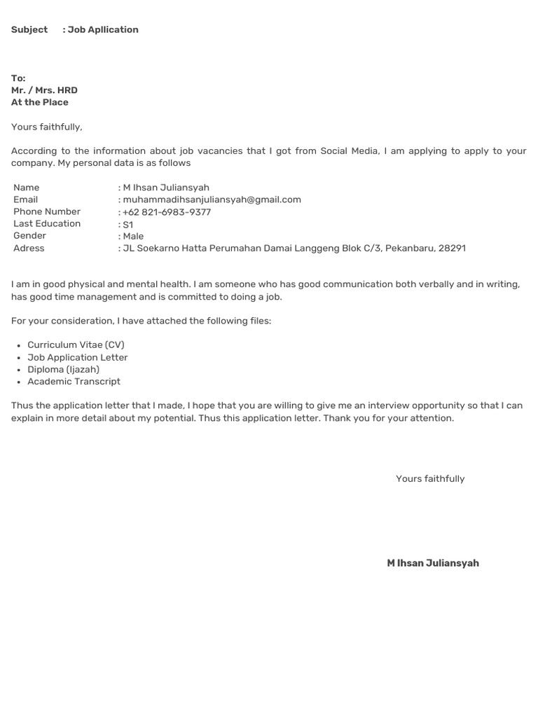 M Ihsan Juliansyah Cover Letter | PDF