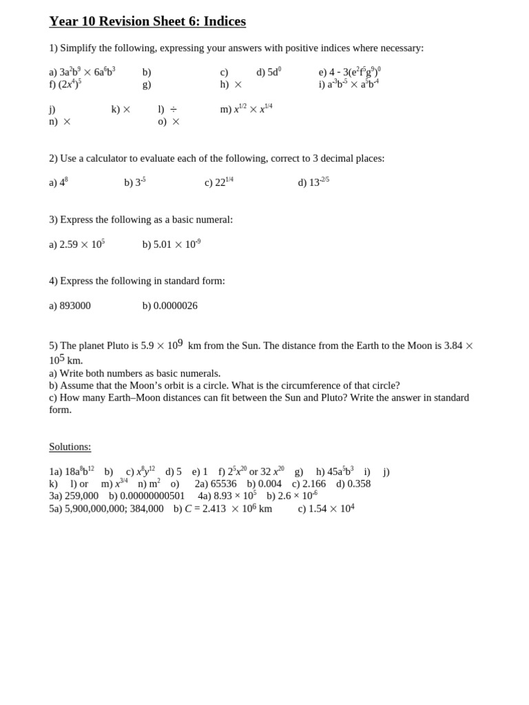 Year 10 Revision Sheet 6 Indices | PDF