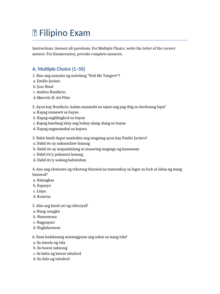 Filipino Exam With AnswerKey | PDF