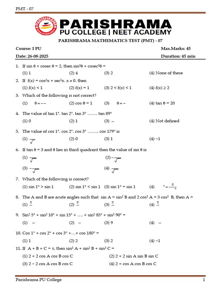 PMT Mathematics Questions Overview | PDF