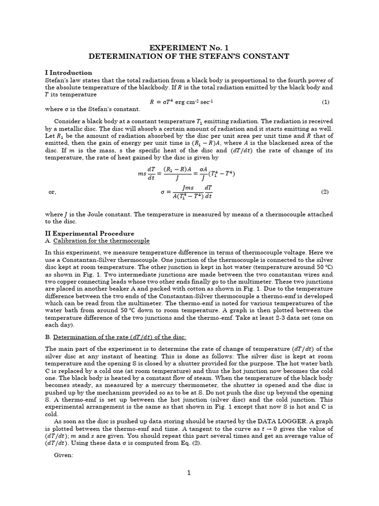 Stefan's Constant Experiment Manual | PDF | Temperature | Thermocouple