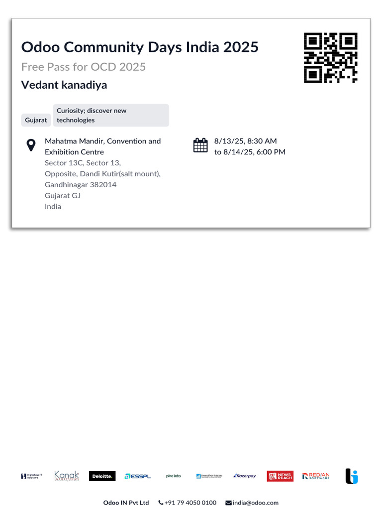 Tickets - Odoo Community Days India 2025 (13!08!2025 08-30-00) - Vedant ...