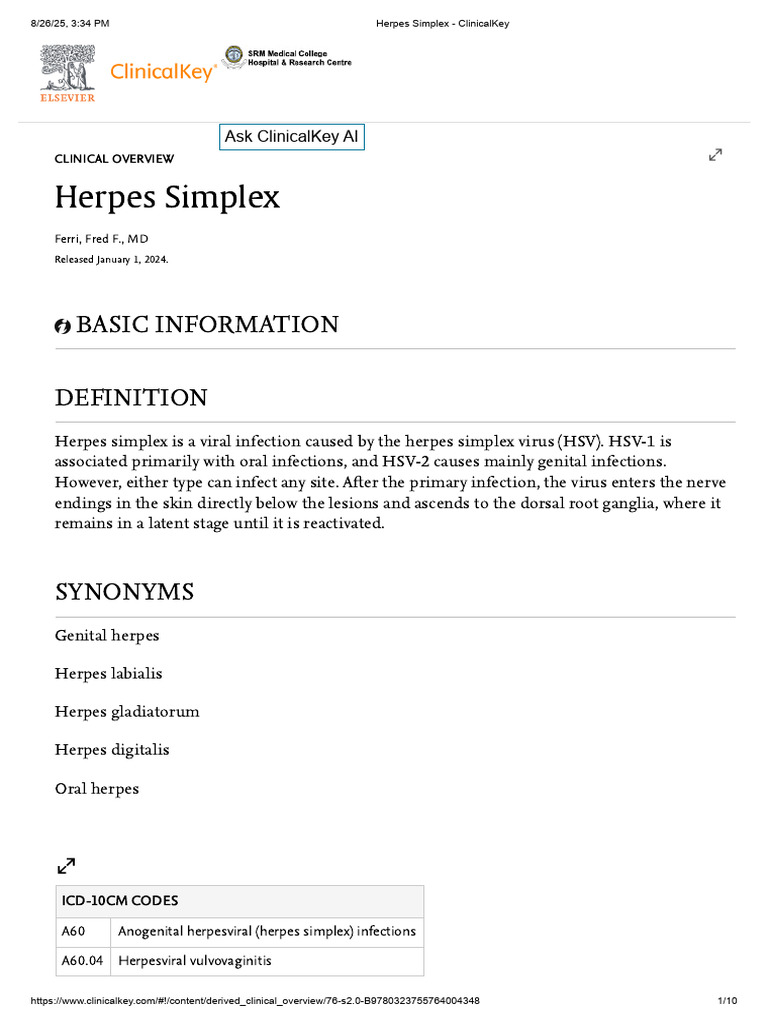 Herpes Simplex - ClinicalKey | PDF | Animal Viral Diseases | Animal ...