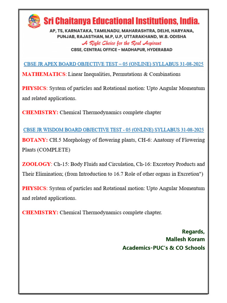 Cbse JR Apex & Wisdom Board Objective Test-05 Syllabus 31-08-2025 | PDF