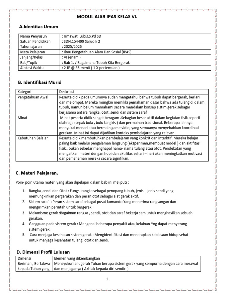 Modul Pembelajaran IPAS Kelas VI: Sistem Gerak | PDF