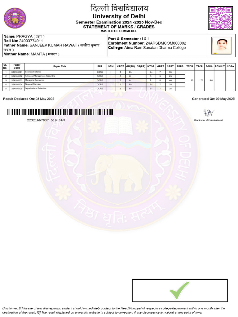 Semester.1 DU Marksheet | PDF | Educational Stages | Higher Education