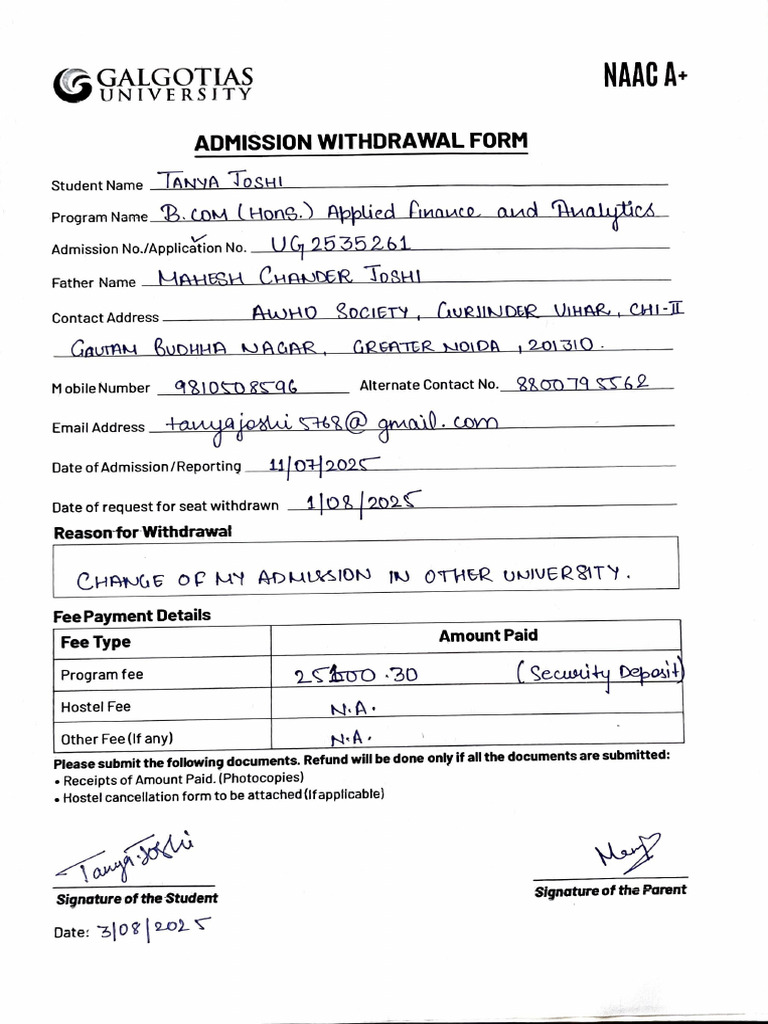 Galgotias University Admission Withdrawal Form | PDF