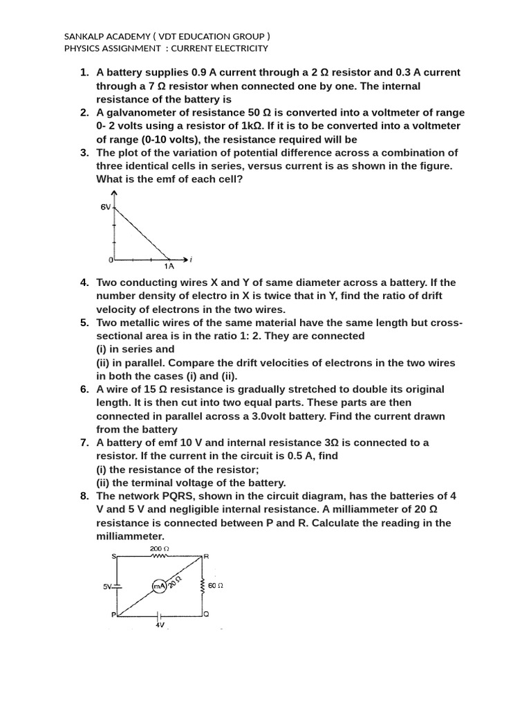 Current Electricity Assignment Solutions | PDF | Voltage | Series And ...