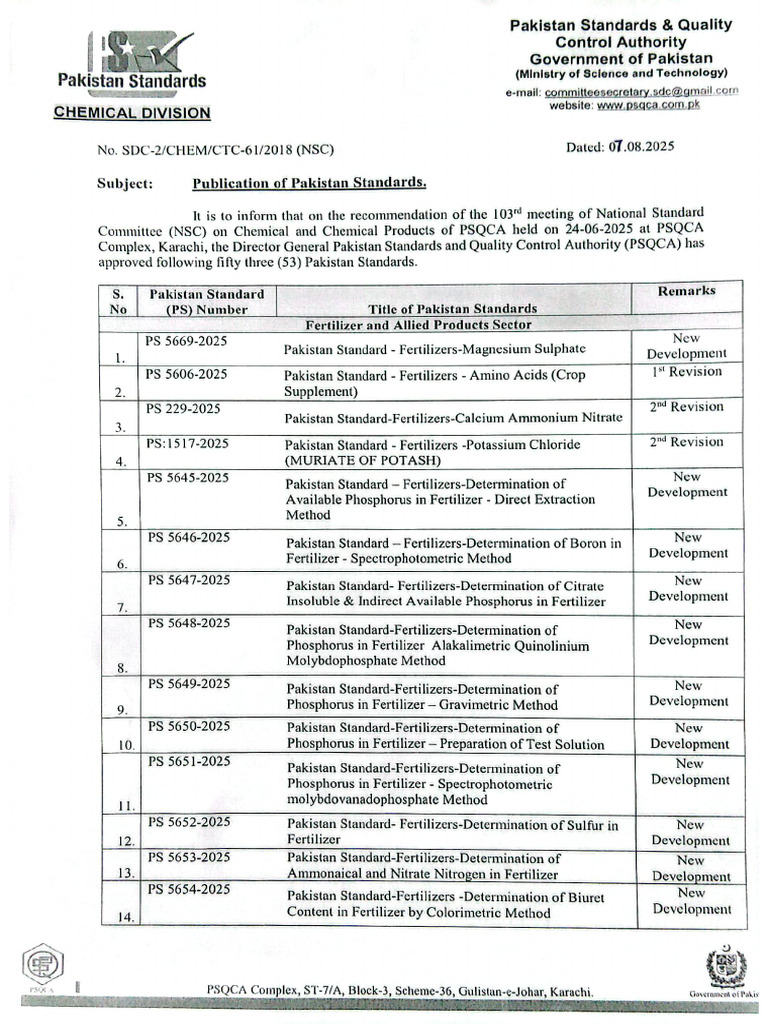 Publication of Pakistan Standards (53) - 07-08-2025 | PDF