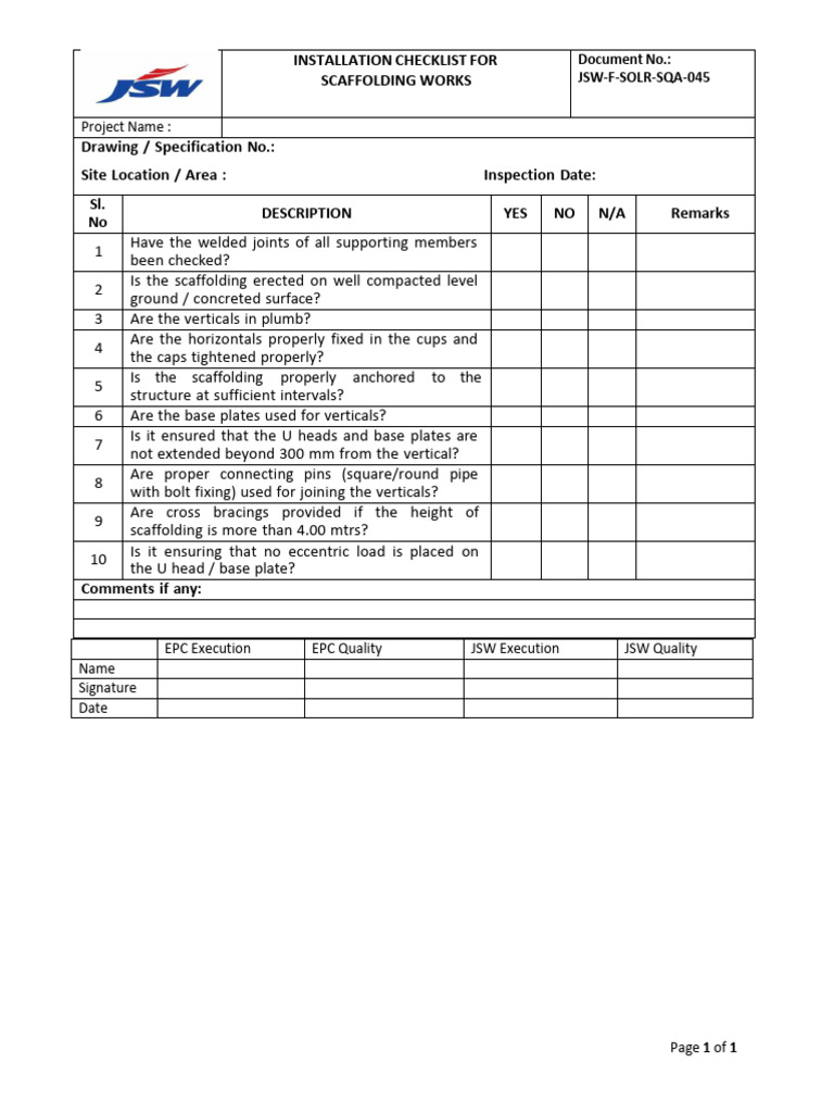 Scaffolding Installation Checklist | PDF