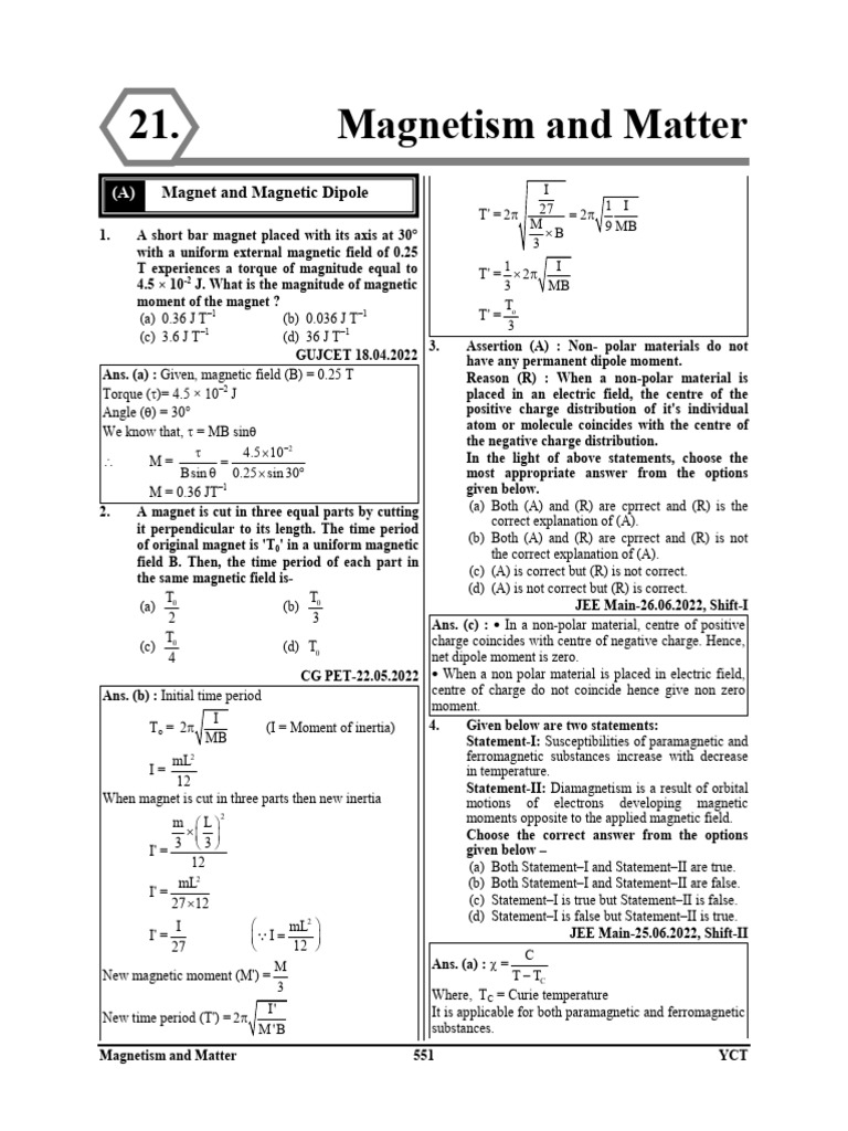 Magnetism and Matter YCT-2025-1 | PDF | Magnetism | Ferromagnetism