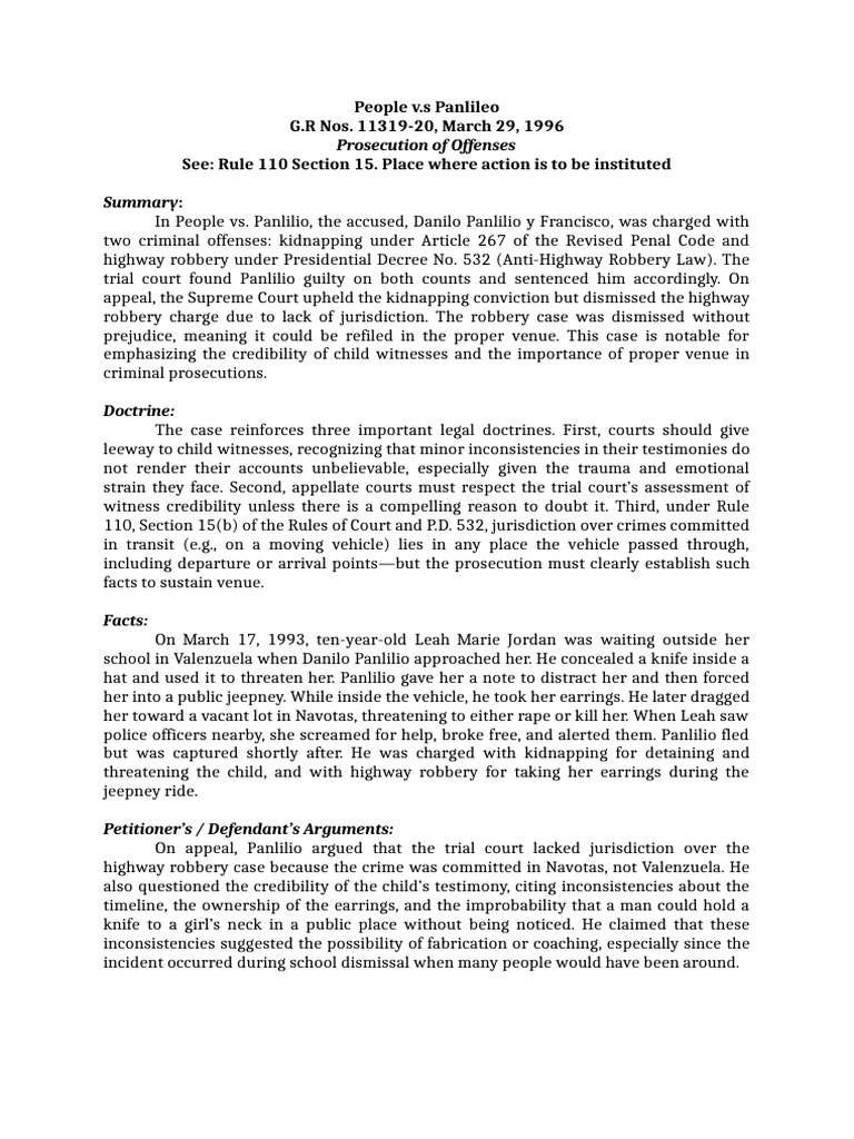 People v. Panlilio: Kidnapping Case Ruling | PDF | Prosecutor | Witness