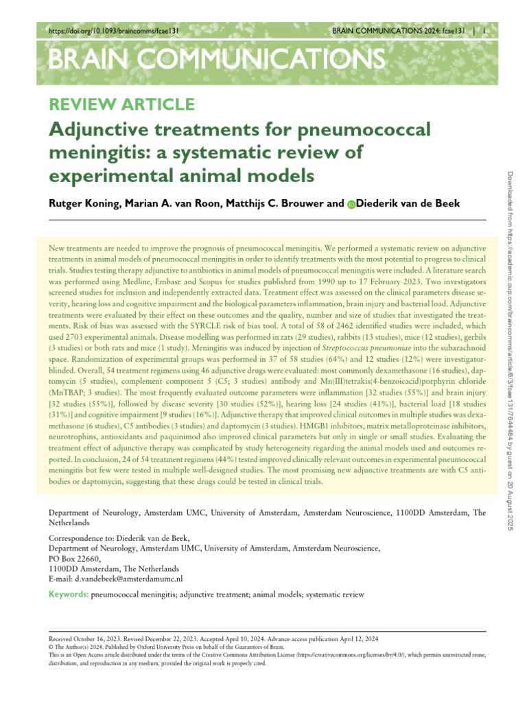 Adjunctive Treatments for Pneumococcal Meningitis | PDF | Meningitis ...