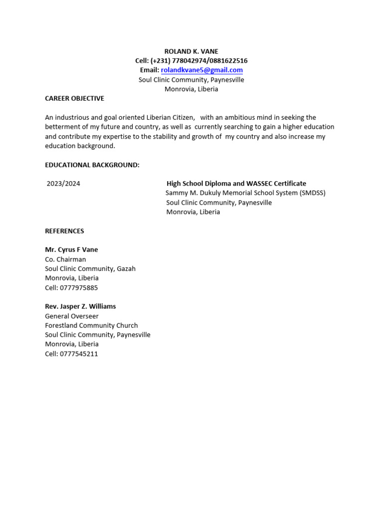 Liberian Student Resume and Objectives | PDF