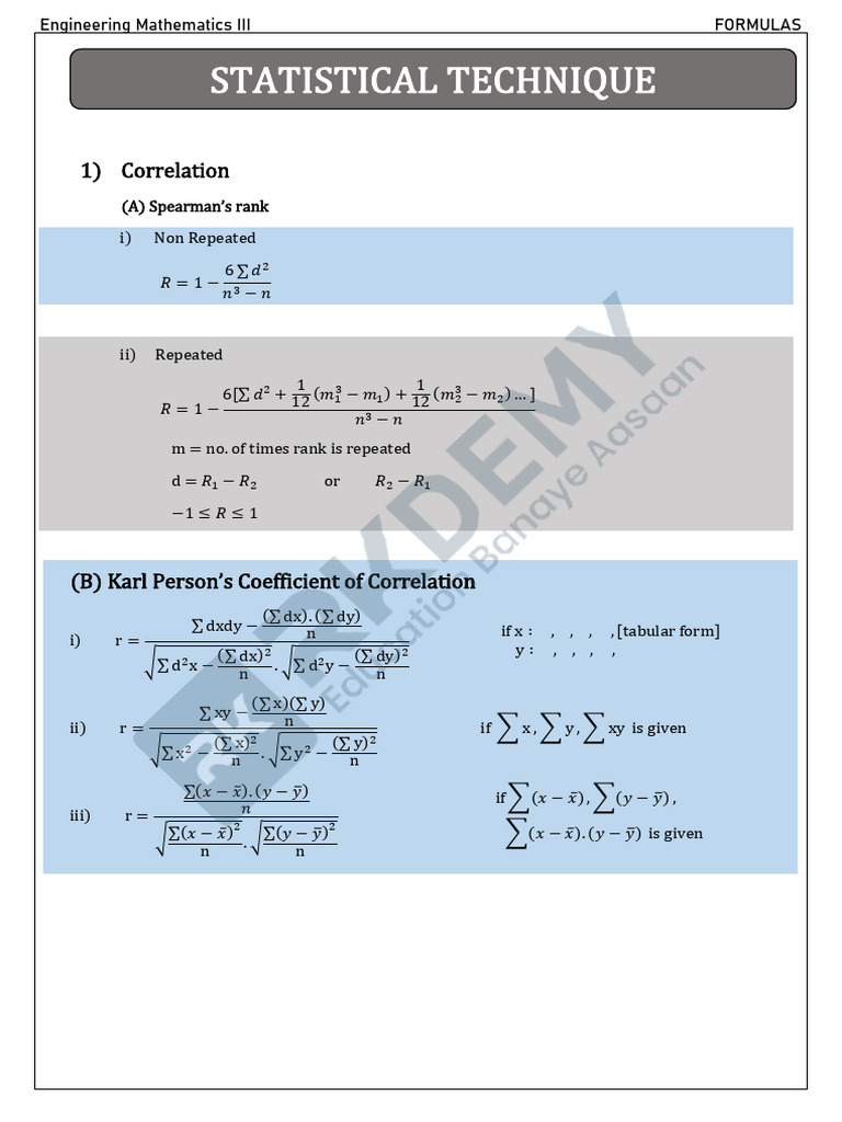 (Statistical Technique) M III Formulas - Watermark | PDF | Statistical Analysis | Teaching ...