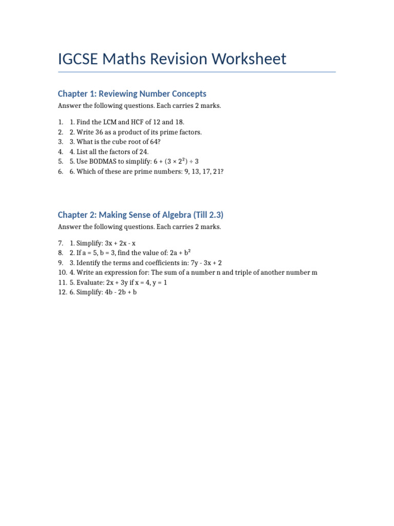 IGCSE Maths Revision Worksheet | PDF
