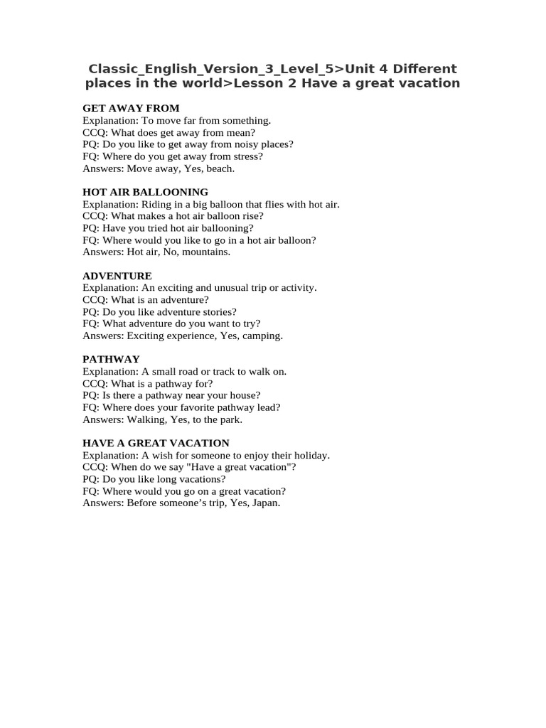 Vacation Vocabulary and Activities Guide | PDF