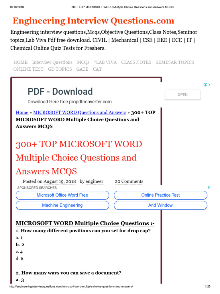 Microsoft Word MCQs for Practice | PDF | Microsoft Word | Menu (Computing)