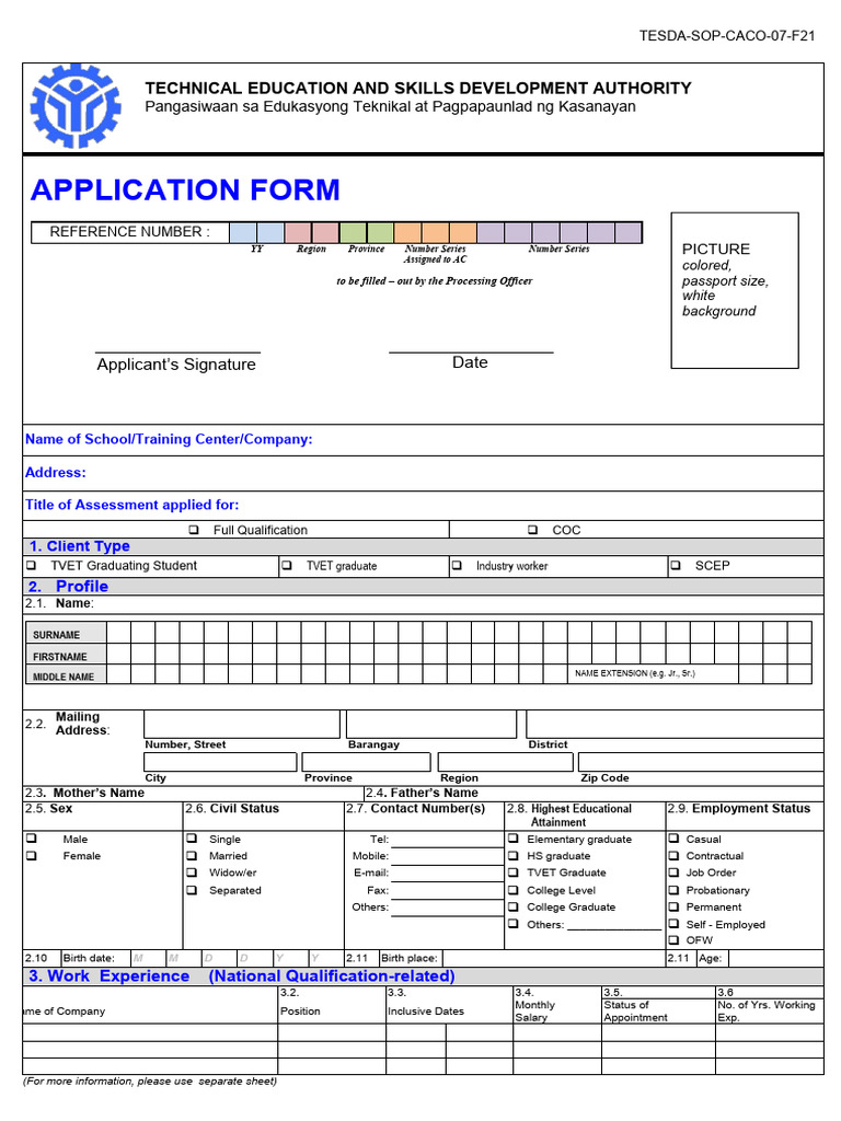 TESDA Assessment Application Form | PDF