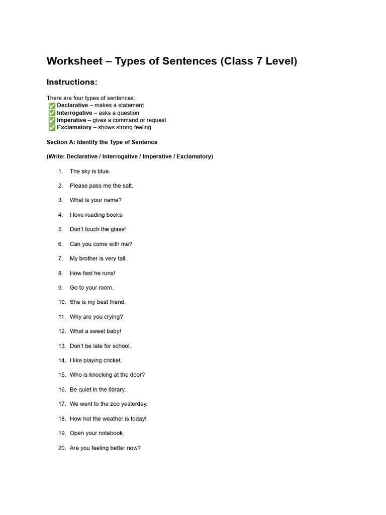 Worksheet - Types of Sentences (Class 7 Level) | PDF
