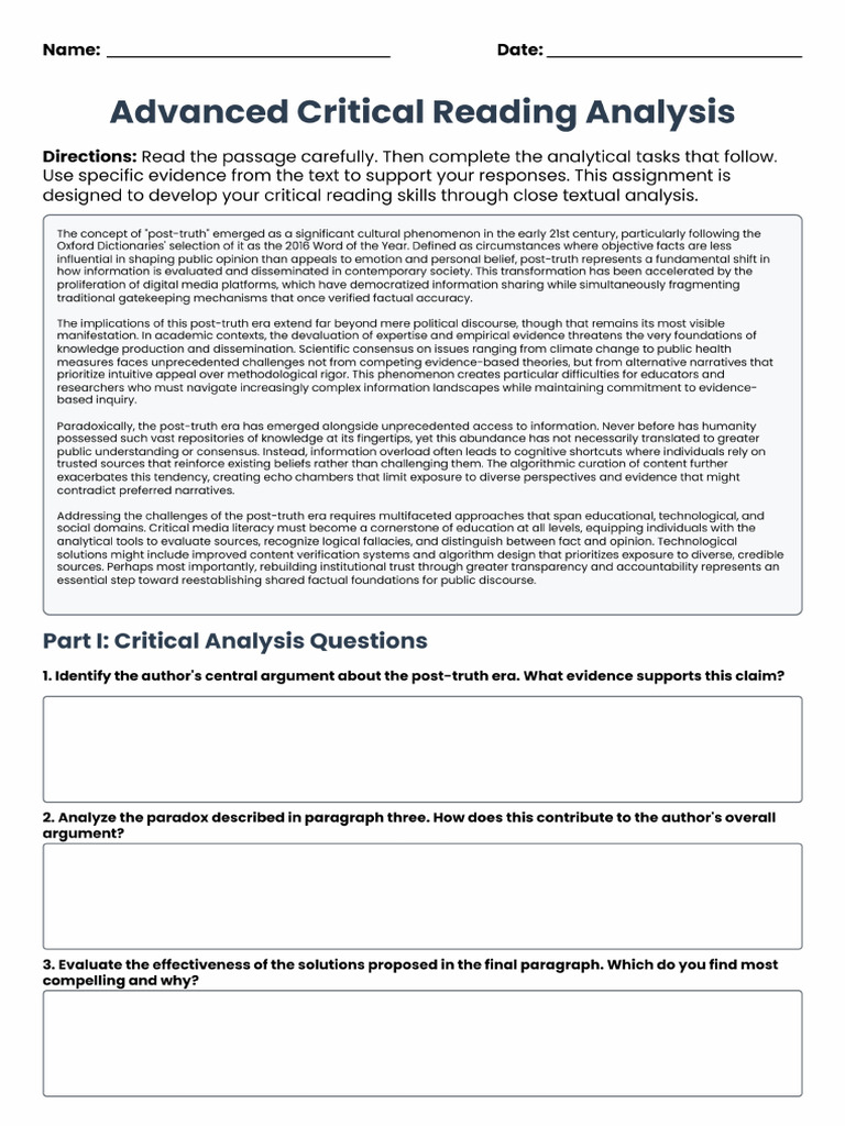 Critical Reading Analysis Worksheet | PDF