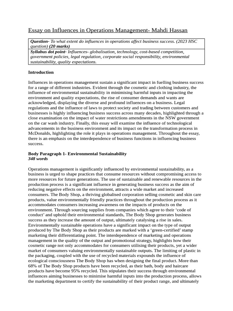 Influences on Operations Management Success | PDF | Sustainability ...